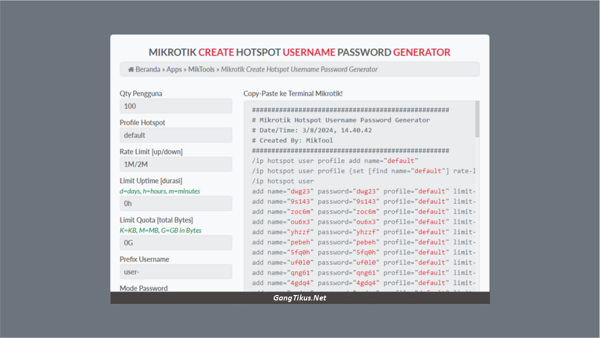 Mikrotik Create Hotspot Username Password Generator | MikTools