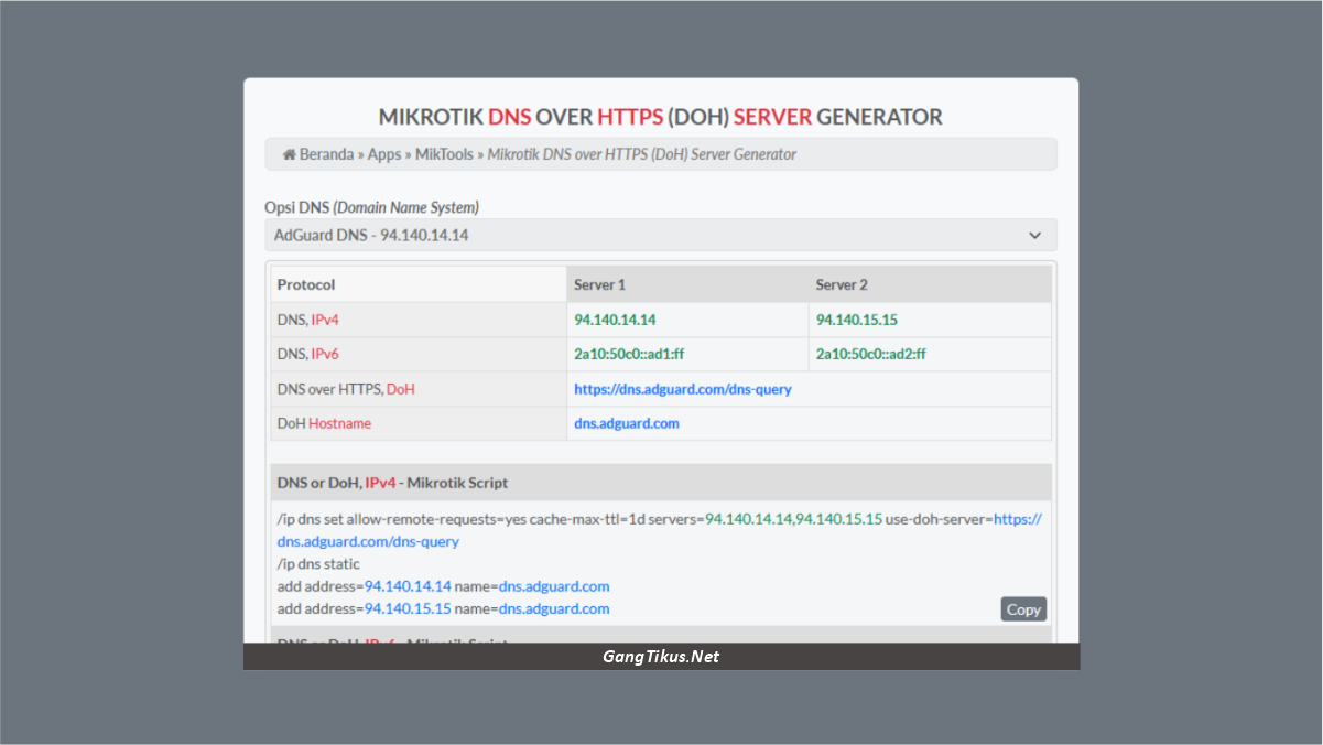 Mikrotik DNS over HTTPS (DoH) Server Generator | MikTools